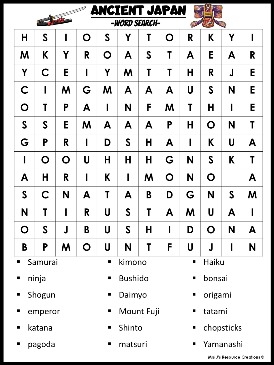 Ancient Japan Word Search Freebie | No Prep History Activity