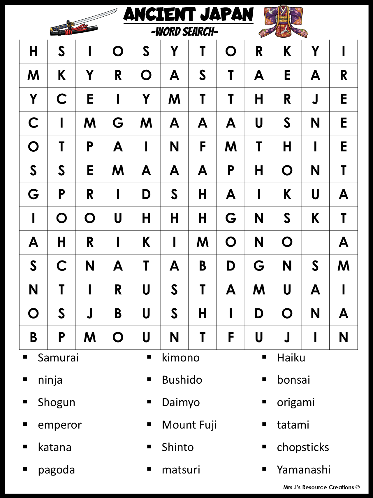 Ancient Japan Word Search Freebie | No Prep History Activity