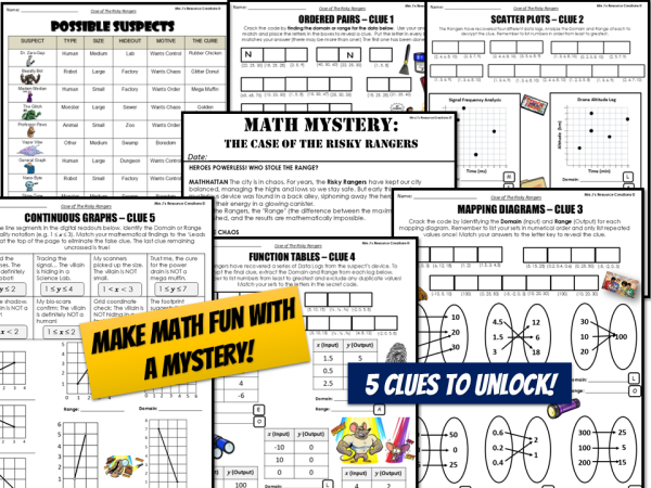 8th Grade Domain and Range Math Mystery Worksheets