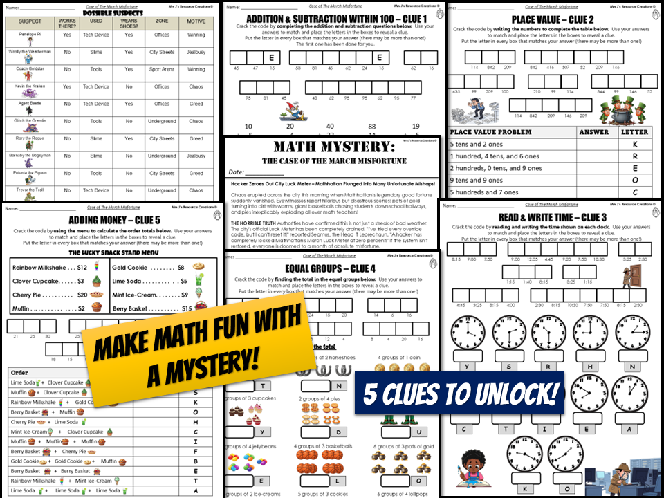 March Math Mystery 2nd Grade: The Case of the March Misfortune