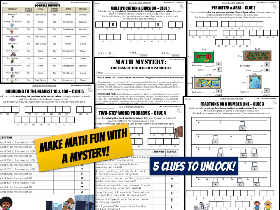 March 3rd Grade Math Mystery Worksheets: March Misfortune