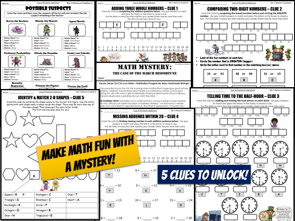 March 1st Grade Math Mystery Worksheets: March Misfortune