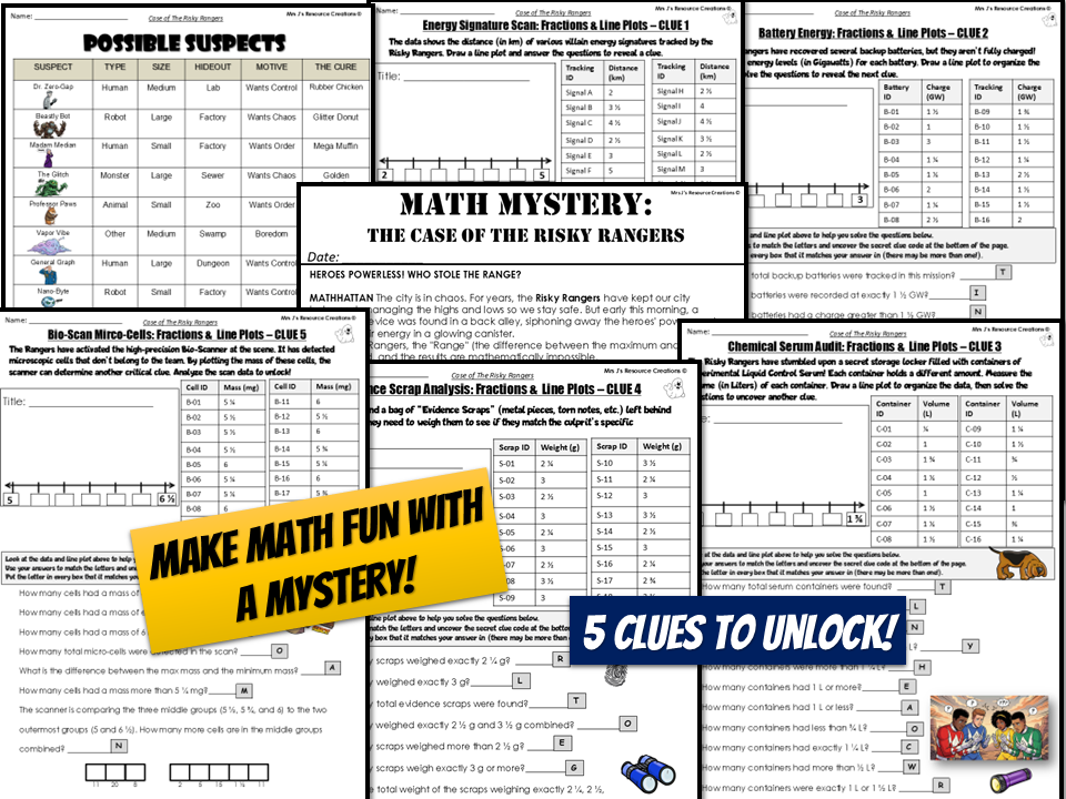 4th Grade Line Plots Math Mystery Worksheets: Risky Rangers