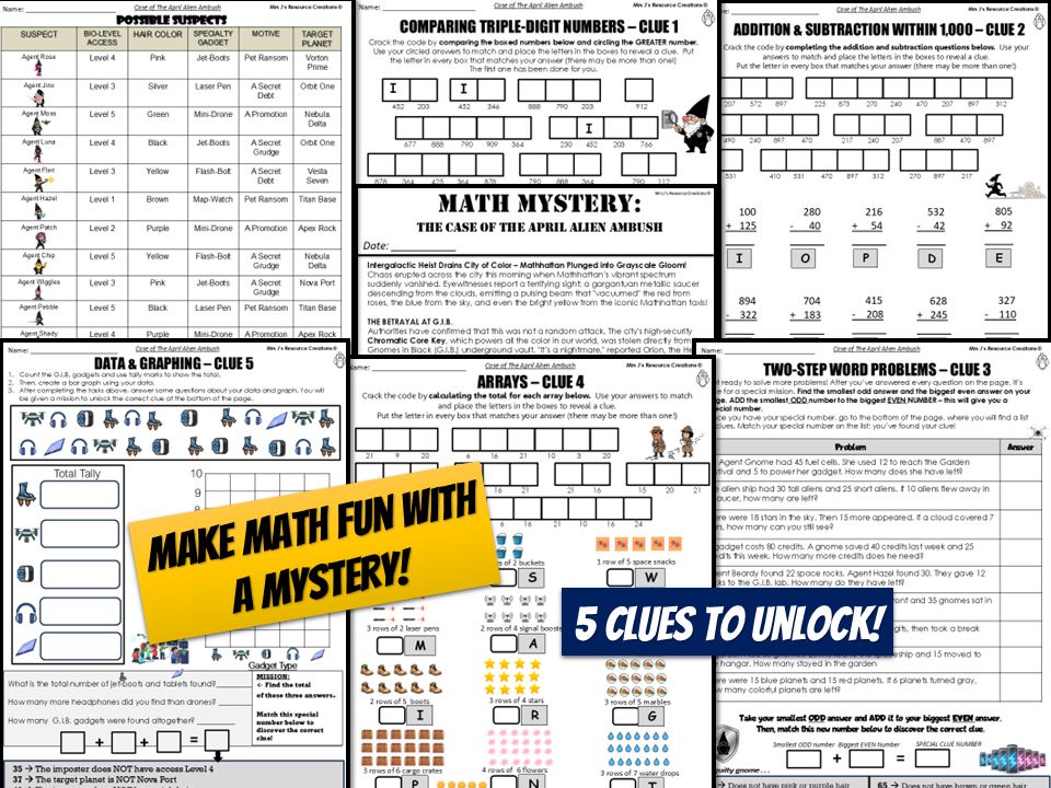 2nd Grade Math Mystery: April Alien Ambush | Spring Math Review Activity
