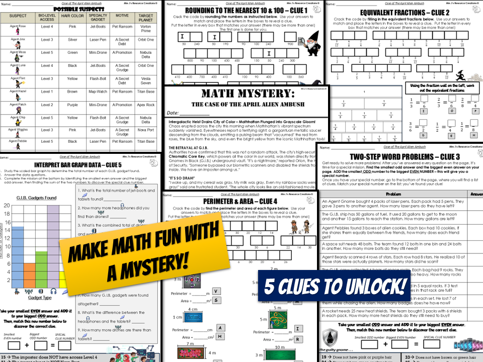 April 3rd Grade Math Mystery Worksheets: April Alien Ambush