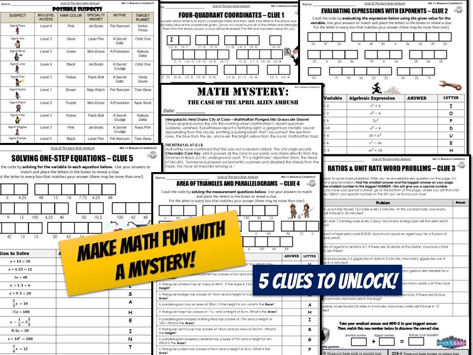 April 6th Grade Math Mystery Worksheets: April Alien Ambush