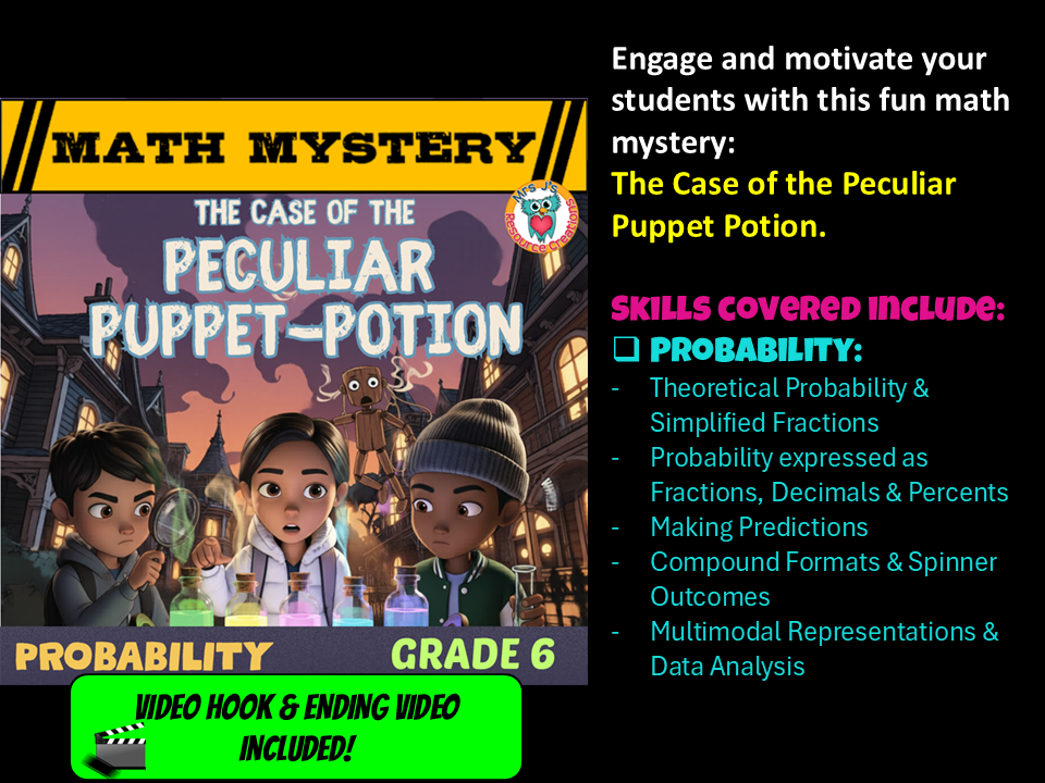 6th Grade Probability Math Mystery Worksheets: Puppet Potion